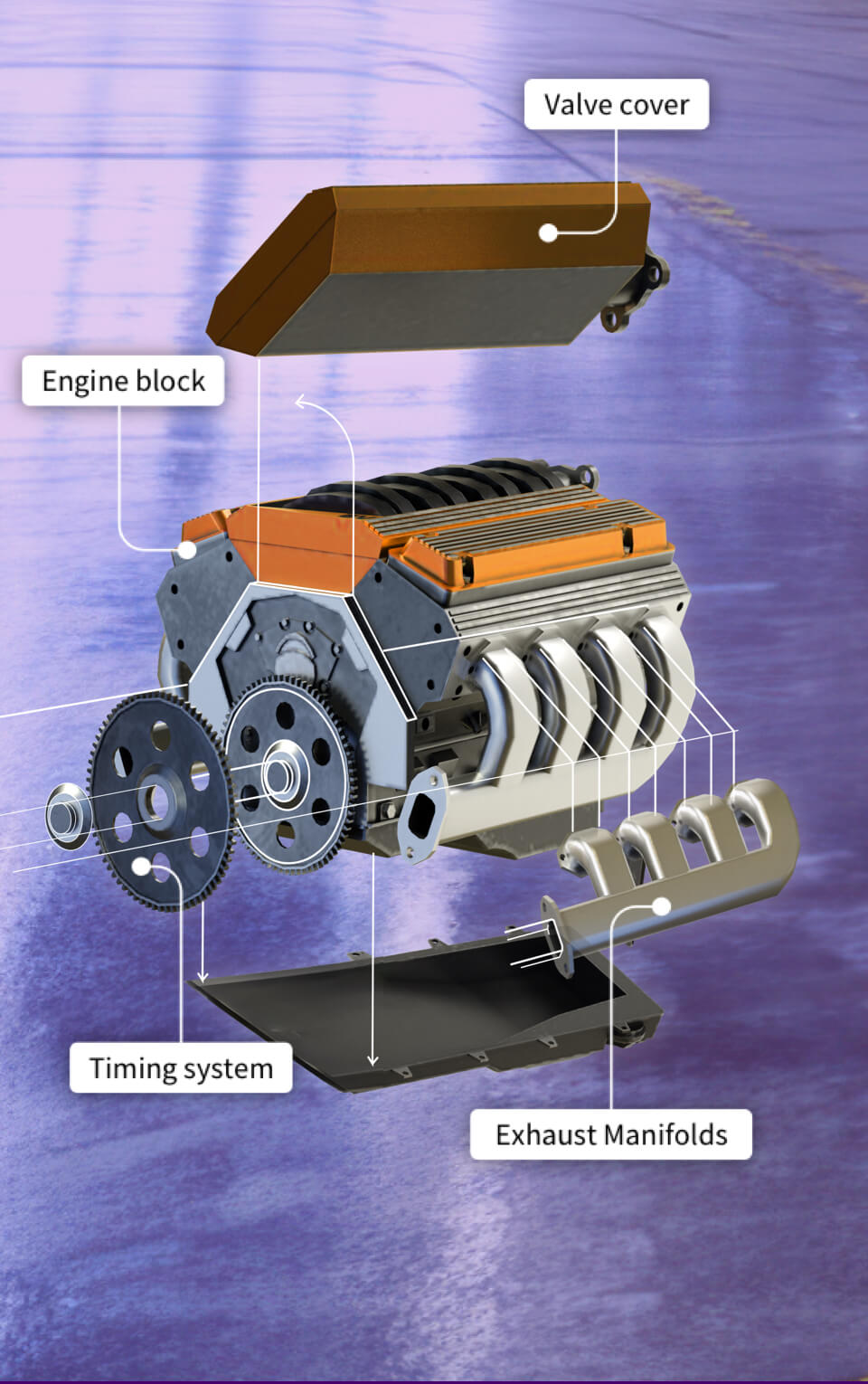 Car engine with component breakdown for visual guide - Onirix